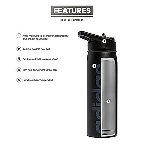 adidas 600 ML (20 oz) Straw Top Metal Water Bottle, Hot/Cold Double-Walled Insulated 18/8 Stainless Steel, Black/Onix Grey, One Size