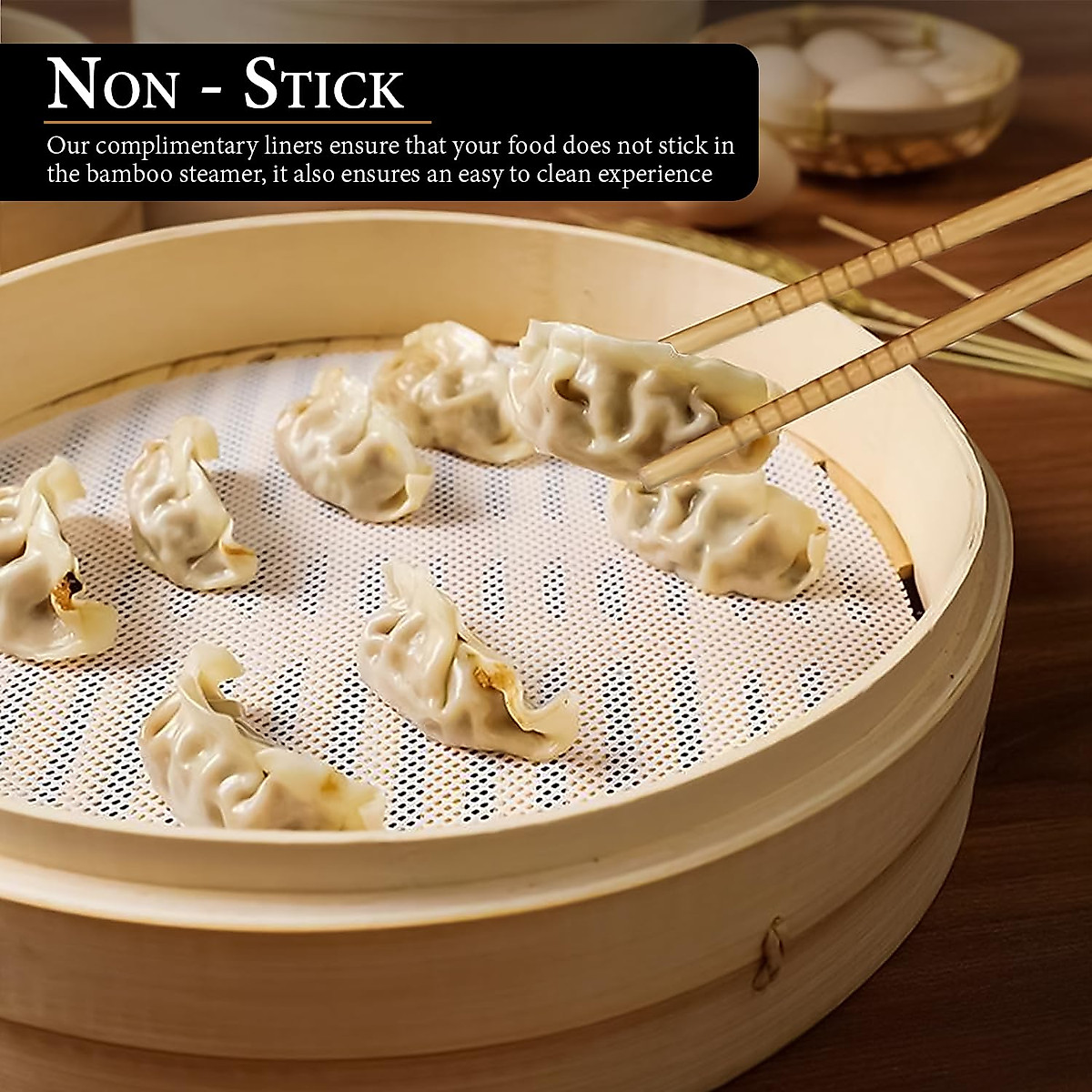 TASTECRAFTS Bamboo Steamer Basket 10-Inch, 2-Tier Design with Complimentary Chopsticks, Steamer Liners and Ceramic Dish for Sauce, Dumpling Steamer, Vegetable Steamer, Rice Steamer.