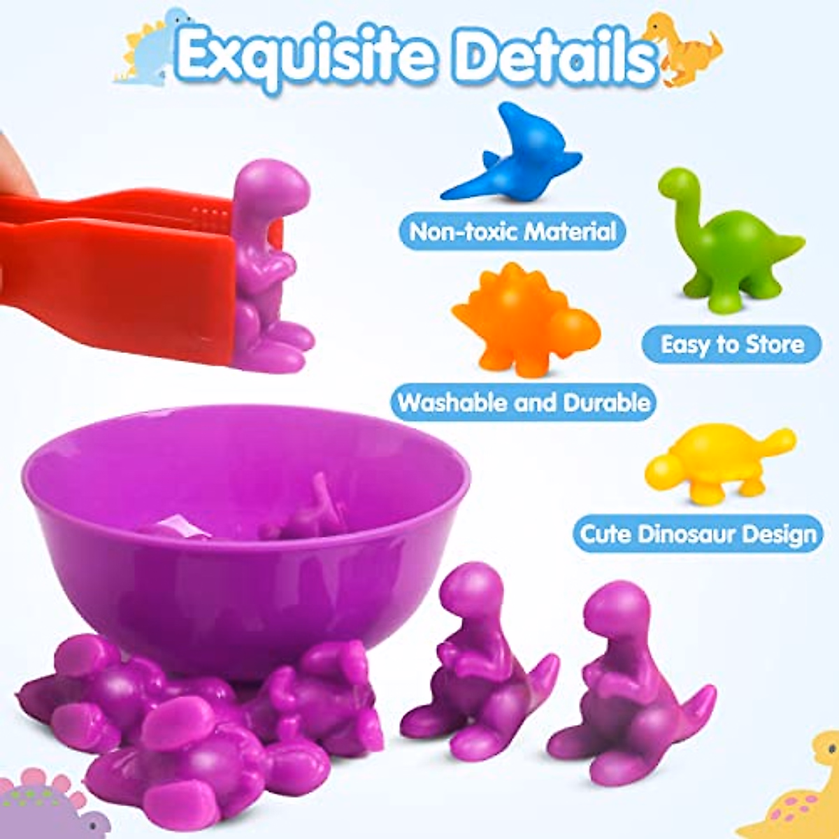 Counting Dinosaurs Toys Matching Game with Sorting Bowls Preschool Learning Activities Montessori Sensory Teaching Toys for Math Counters Color Sorting for Toddlers Kids Age 3+ Old Boys Girls