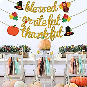 Blessed Thankful Grateful Banner for Thanksgiving Decor, Thanksgiving Banner, Maple Leaves Pumpkin Turkey Bunting Garland for Mantel Fireplace , Thanksgiving Party Home Office Classroom Hanging Decor