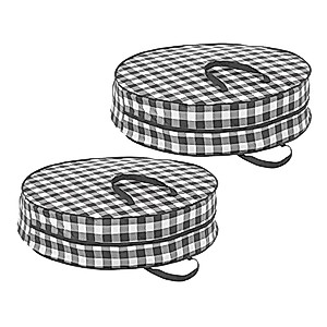 mDesign Round 30" Wreath Storage Container with Handles, Fabric Christmas Wreath Storage Bag, Protector, Garland Storage Bag Container, Holiday Decoration Organizer - 2 Pack, Buffalo Plaid Black/White