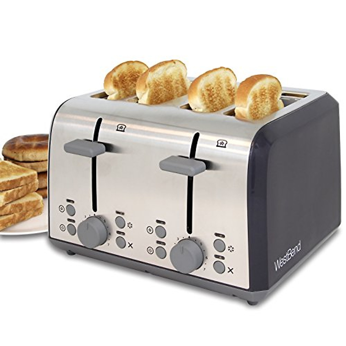 West Bend 4 Slice Toaster with Extra Wide Slots, Bagel Settings, Ultimate Toast Lift and Removable Crumb Tray, Silver