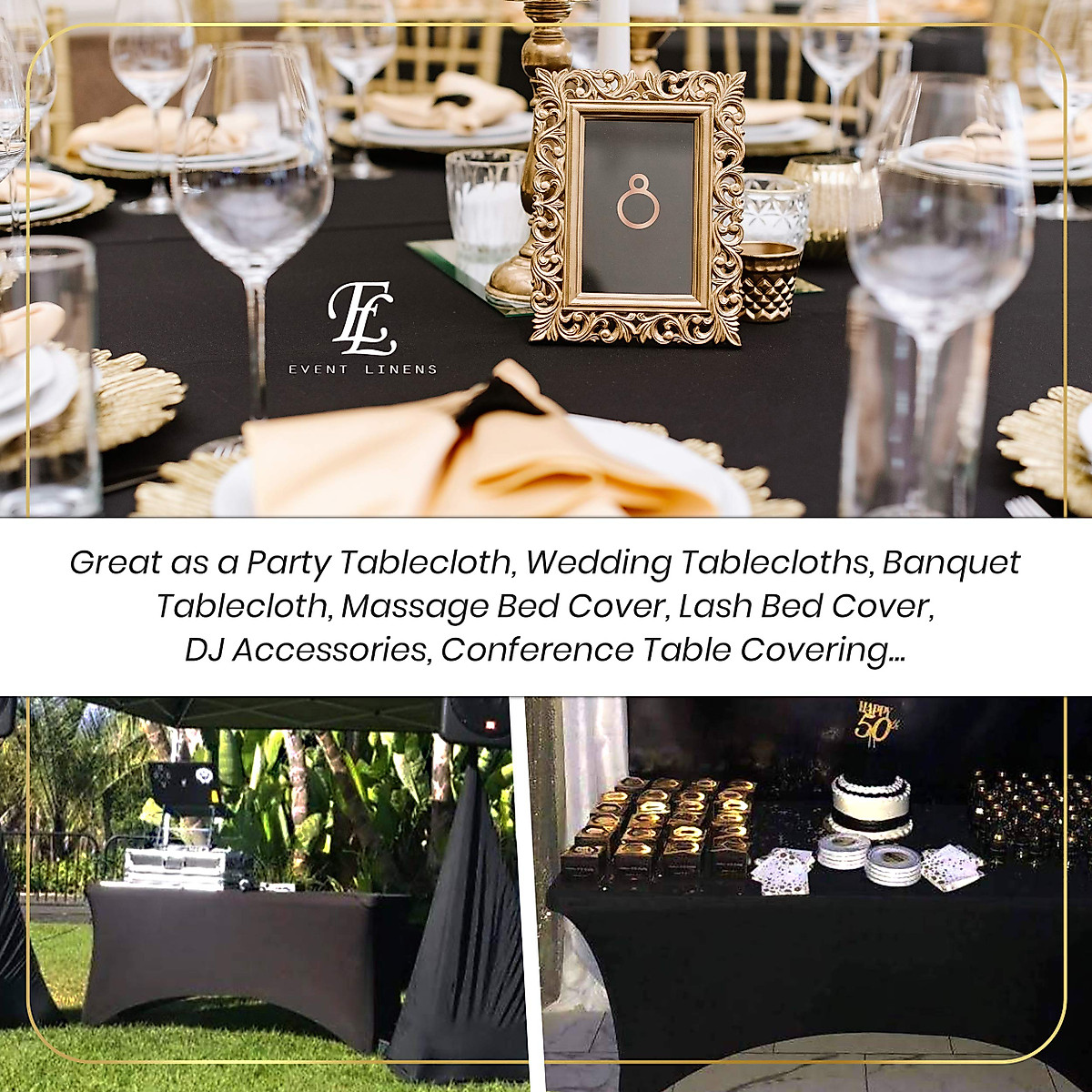 Premium Collection 6ft Tablecloth Rectangular Spandex Linen - Black Table Cloth Fitted Cover for 6 Foot Folding Table, Wedding Linens Banquet Cloths Rectangle Covers (2 Pack)
