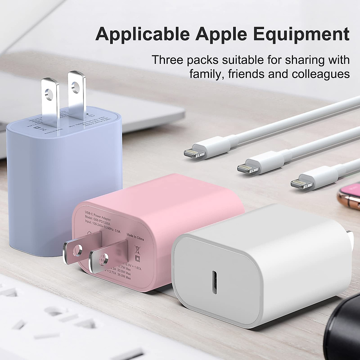 ILOUYU USB C Fast Charger, 3 Pack 20W USB-C Power Adapter with 3 Pack 6FT Type C to Lightning Cable for iPhone 14/13 Pro/13/12/12 Mini/12 Pro Max/11 Pro Max (Pink+Blue+White)