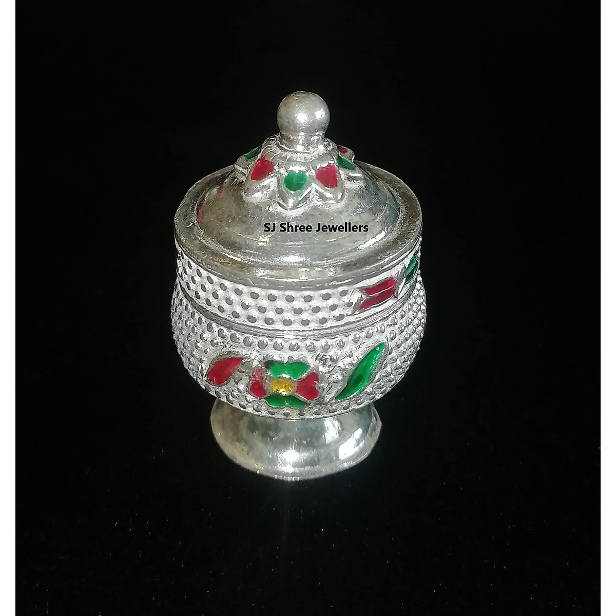 shree jewellers SJ Pure Silver Designer Meenakari Sindoor Dabbi with Lid, Pooja Items for Home, KumKum Round Box Spiritual Gift Item ~ Small Size 3.5 x 2.4 cm