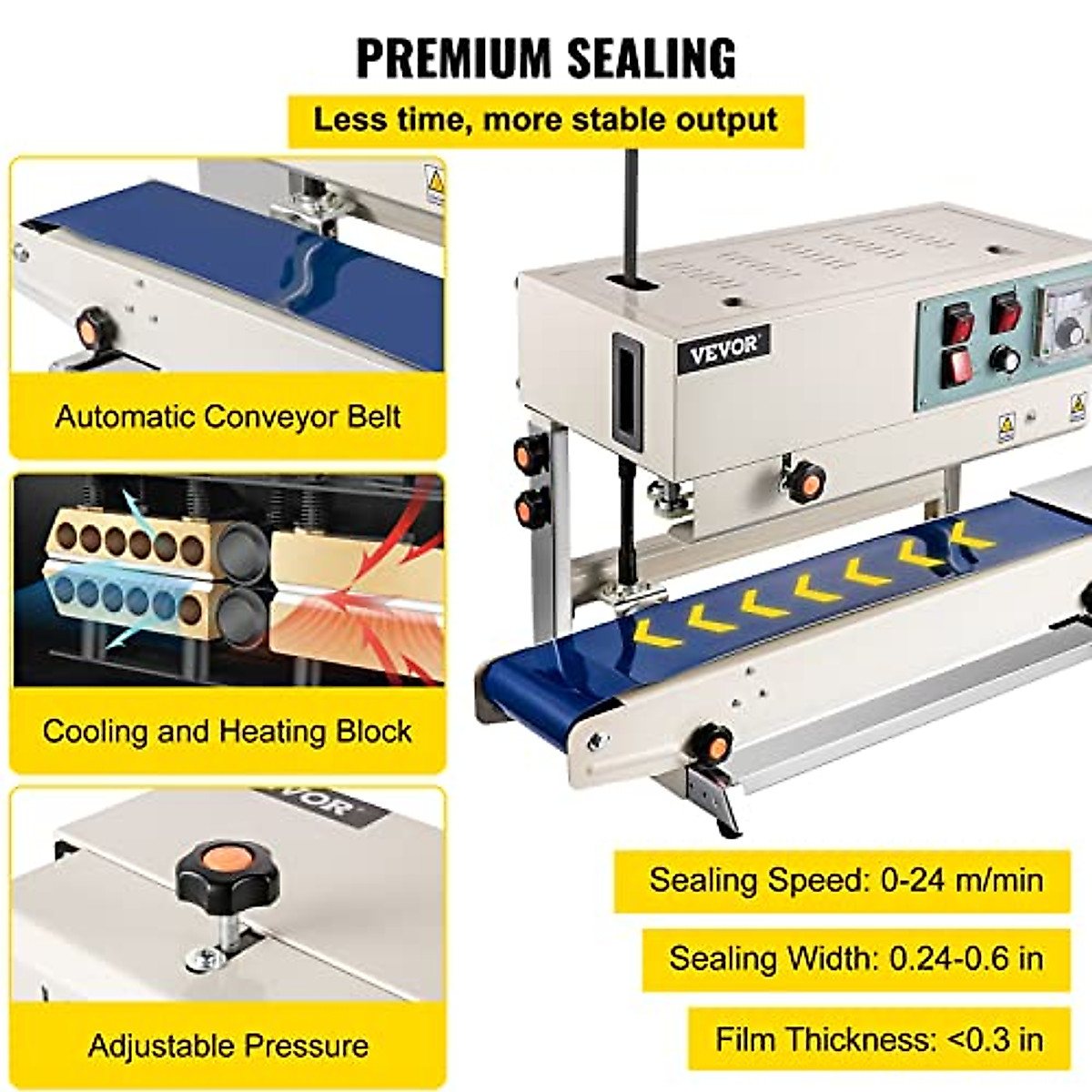 VEVOR Continuous Band Sealer, 0.24-0.6 in/6-15 mm Seal Width, FR900 110V/60Hz Vertical Sealing Machine, Band Heat Sealer with Digital Temperature Control for PVC Membrane Bag Film