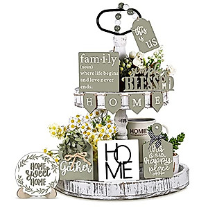 11 Pieces Farmhouse Tiered Tray Decor Home Wood Sign Rustic Home Sweet Home Simply Blessed This is Us Wooden Beads Tiered Tray Decorations Set for Home Kitchen Table Shelf