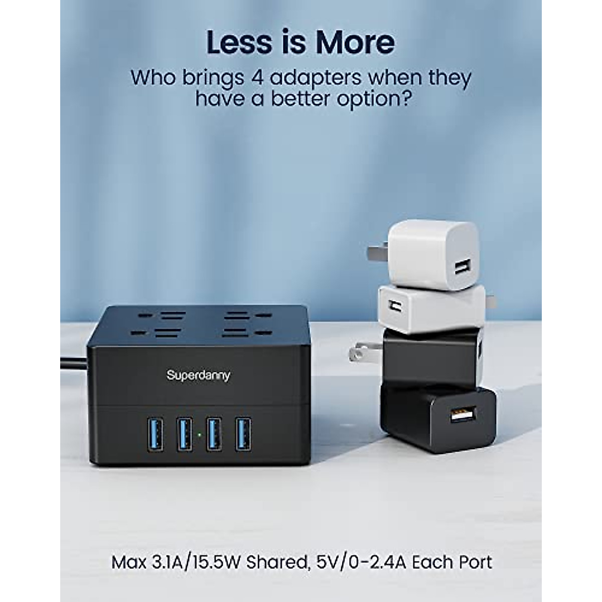 5ft Power Strip, SUPERDANNY Surge Protector 900 Joules, 4-Outlet 4-USB Extension Cord, Overload Switch, Grounded, Mountable, Desktop Charging Station for Home, Office, School, Dorm, Computer, Black