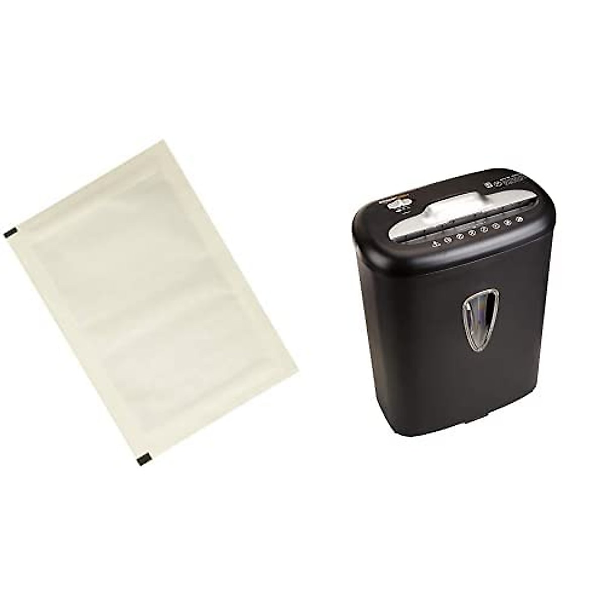 Amazon Basics 8-Sheet Capacity Cross-Cut Paper and Credit Card Shredder, 4.1 Gallon & Sharpening Lubricant Sheets - Pack of 12