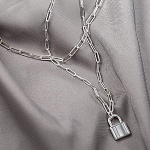BOUTIQUELOVIN Layered Necklace for Women Silver Paperclip Link Chain Necklace with Lock Pendant Set of 2 Necklaces