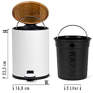Kazai.®️ Bamboo Bathroom Trash Can | Soft Close and Slip-Resistant | 3L / 0.8 Gall. | Stainless Steel | White