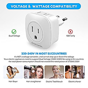 3 Pack European Travel Plug Adapter, Anstronic International Power Adaptor with 2 US Outlet, 2 in 1 European Plug Adapter for USA to Most of Europe EU Italy Iceland France Germany Spain (Type C)