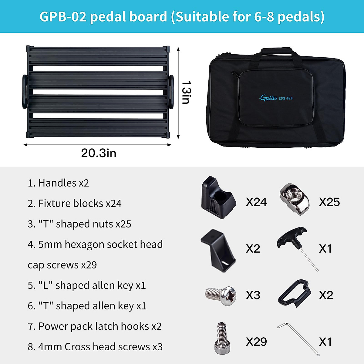 Guitar Pedalboard - Guitto Fixture Blocks Fixed Effects Pedal board Aluminum Alloy Super Light with Carry Bag, No More Velcro (GPB-02 Medium Size: 51.7x33.2cm)