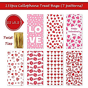 Valentines Day Candy Goody Bags, Valentine Goodie Bags for Kids, 133 Pcs - Valentines Cellophane Treat Bags, Clear Goodie Bags With Ties, Cellophane Cookie Bags, Valentines Day Gift Bags, 7 Designs