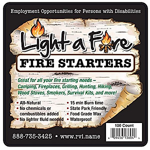 All Natural Fire Starters.15-20 Minute Burn for BBQ, campfire, charcoal, fire pit, wood & pellet stove, 30 Extra Large Waterproof for Indoor/Outdoor Made in USA