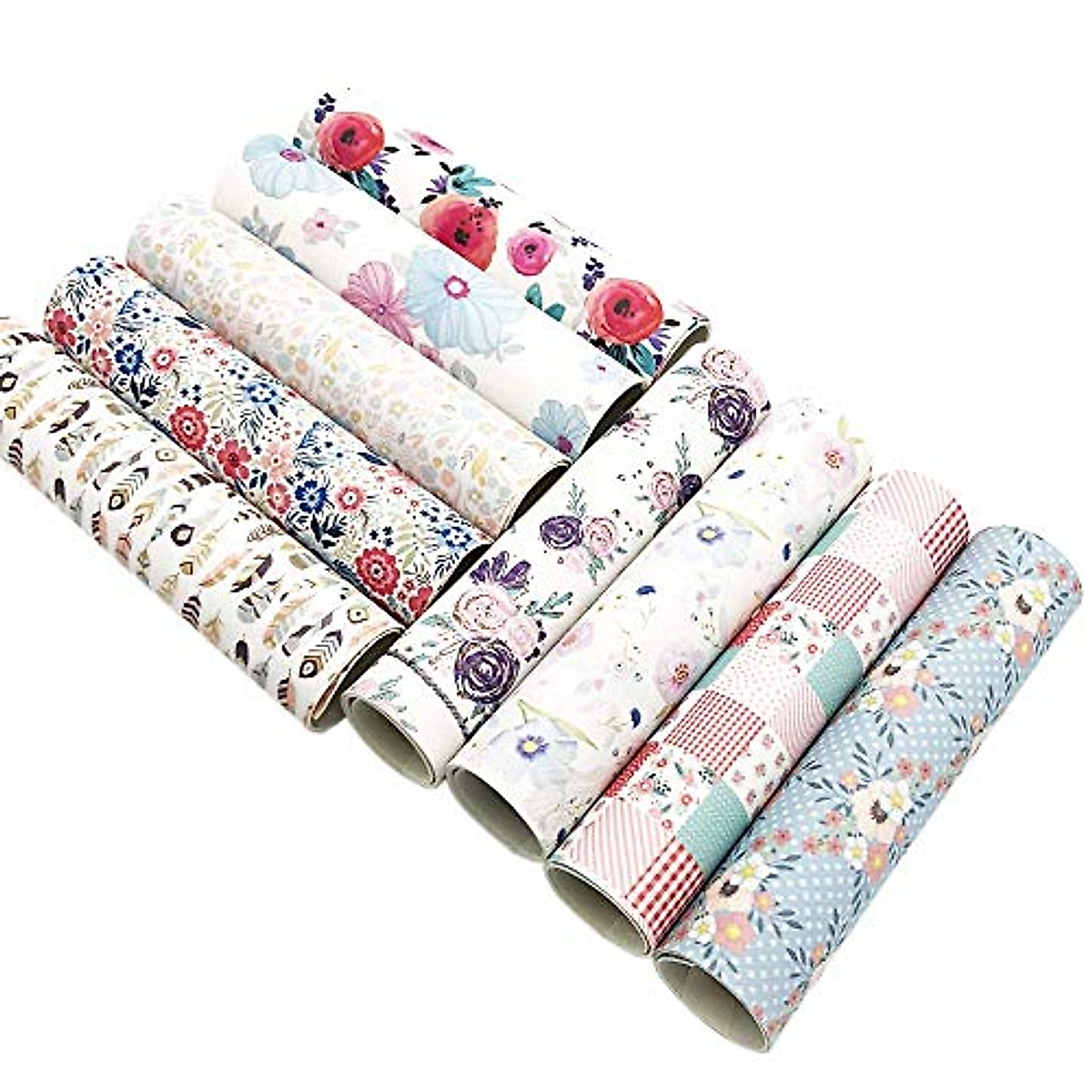 David accessories Spring Flower Leaf Printed Faux Leather Sheets Floral Synthetic Leather Fabric 8 pcs 7.7" x 12.9" (20cm x 33cm) Canvas Back Craft DIY Craft Assorted Colours (Assort J)