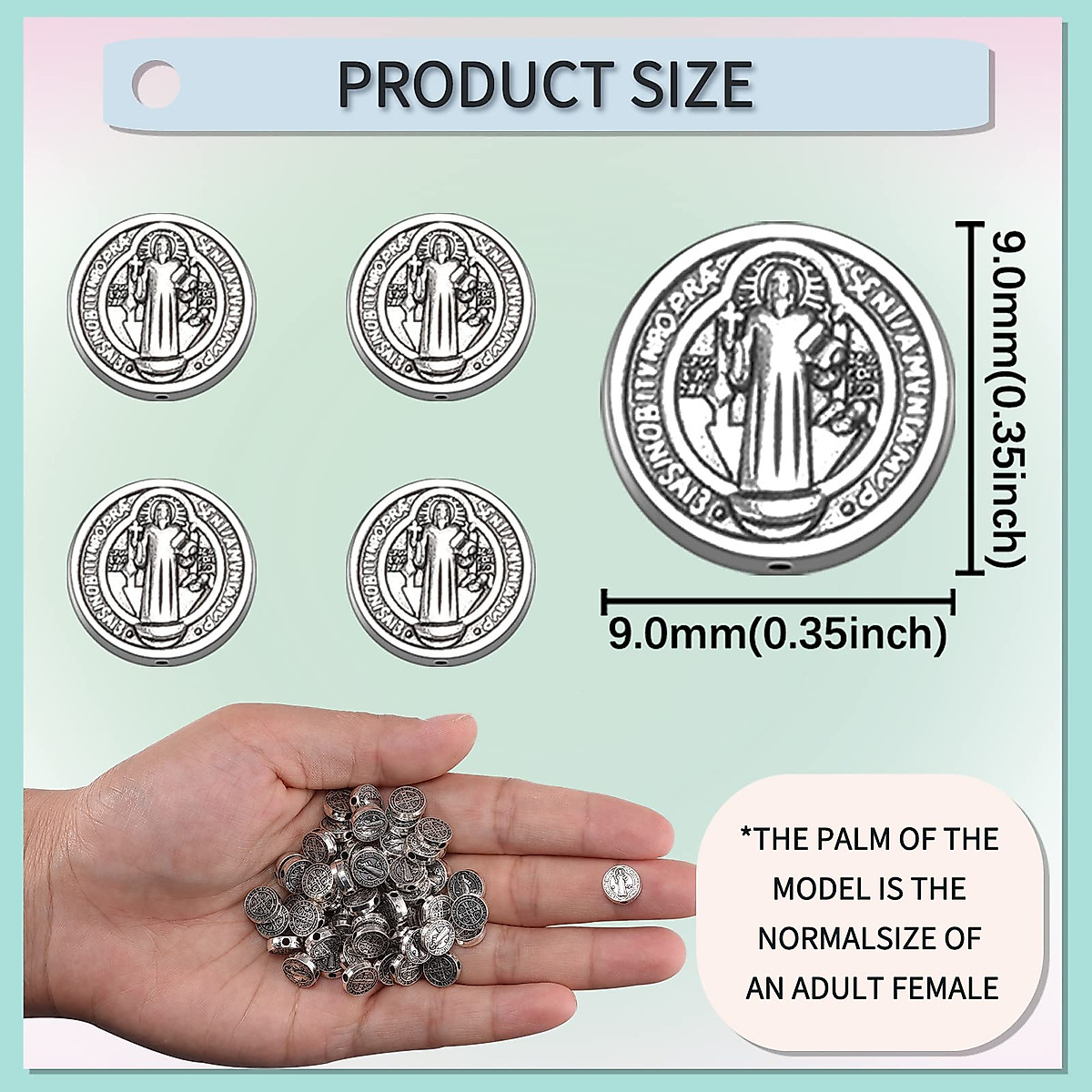 60Pcs Alloy Jesus Cross Saint Benedict Medal Religious Spacer Beads Charms Flat Round Double-Sided Loose Beads For DIY Catholic Rosary Beads Necklace Bracelet Jewelry Making