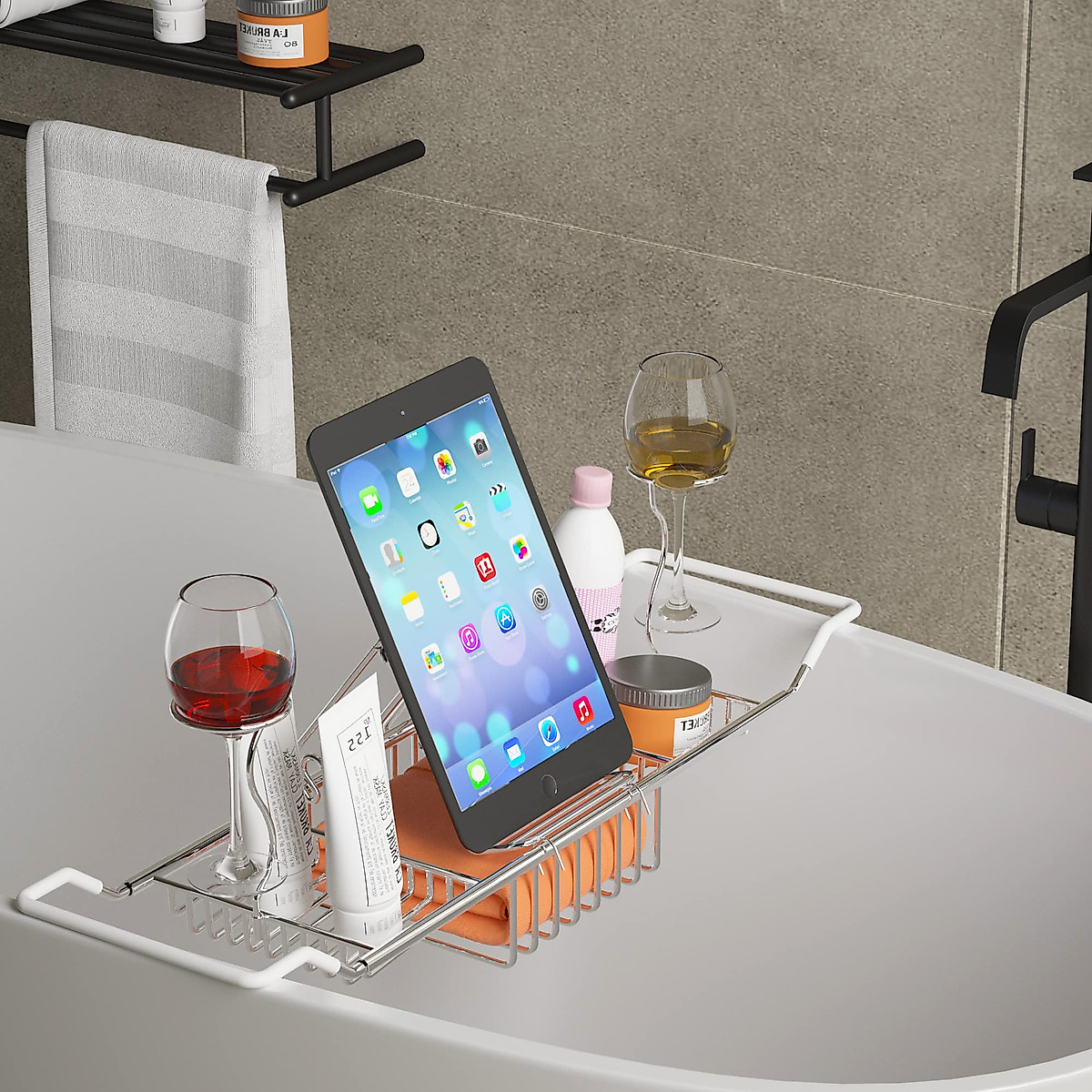 iPEGTOP Stainless Steel Bathtub Caddy Tray - Over Bath Tub Racks Shower Organizer with Extending Sides, Removable Wine Glass Book Holder
