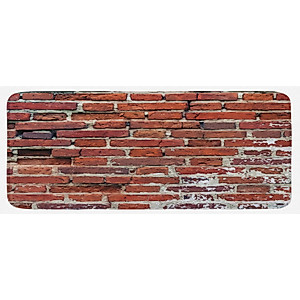 Lunarable Brick Wall Kitchen Mat, Worn Out Brick Wall Design Ornamental Vintage Architecture Pattern Print, Plush Decorative Kitchen Mat with Non Slip Backing, 47" X 19", Redwood Beige