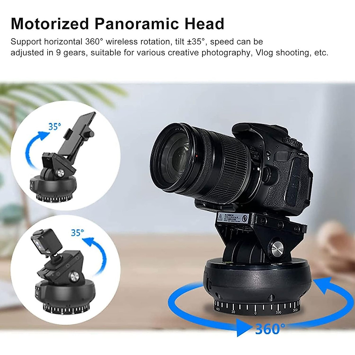 Motorized Pan Tilt Head, 100m Control, 360 Degree Rotation, Tilt ±35 Degree, 9 Gears Adjustable Speed, Panoramic Tripod Head for Smartphones, Camera