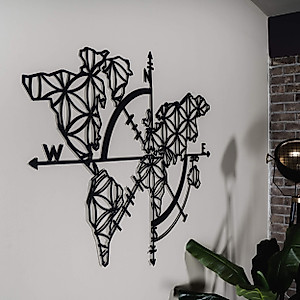 northshire Metal World Map Wall Art, Compass Wall Hanging Decor for Bedroom Kitchen Bathroom Living Room (Black 40"x 28")