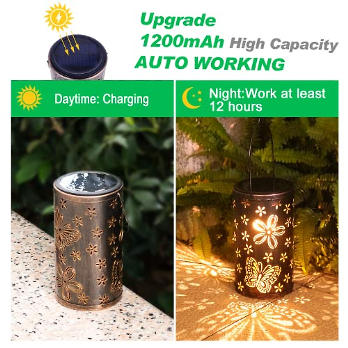 Solar Lanterns Outdoor Waterproof Hanging Lantern Lights, Butterfly Dynamic Flashing Light, Retro Metal Garden Solar Lights Decorative for Yard, Pathway, Patio, Fence,Tree, Gifts for Women(2-Pack)