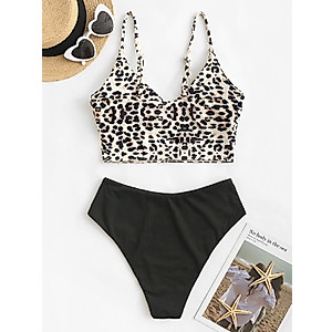 ZAFUL Women Tankini Set, Ribbed High Cut Surplice Swimsuit Bathing Suit with Spaghetti Straps(2-Ba Light Coffee,S)