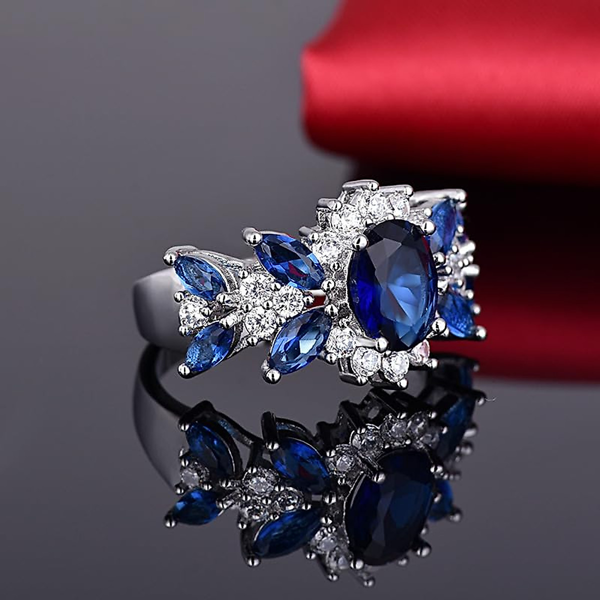 Narica Silver Plated Charming Oval Cut Created Blue Sapphire CZ Cubic Zirconia Filled Eternity Halo Cocktail Wedding Engagement Promise Leaves Floral Band Elegant Women's Flower Ring for Mom Bridal Lover Gift 9#
