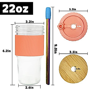 2 Pack Reusable Bubble Tea Cup , 22Oz Wide Mouth Smoothie Cups with Bamboo Lid, Silicone Sleeve & Angled Wide Straws, Leakproof Glass Mason Jars Iced Coffee Glasse Cup for Iced Coffee，Soda(Pink)