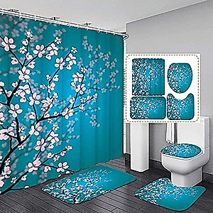 4Pcs Cherry Blossom Shower Curtain Set with Non-Slip Rugs and Toilet Lid Cover Pink Sakura Floral Blossom Teal Bath Curtains Plum Tree Bathroom Decor
