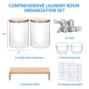 Laundry Detergent Dispenser with Bamboo Lids, Shelf Stand, Spouts, 8 Waterproof Labels, 2 Glass Cups for Liquid Detergent - 2-Pack 120 oz Glass Containers for Laundry Room Organization and Storage