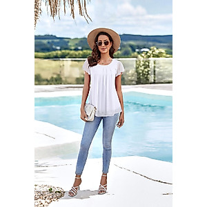 KOAIZ Rufful Short Sleeve Tops for Women Casual Mesh Tunic Double Layers Stretchy Shirts Summer Cute Tops for Women Holiday Blouse Dressy White XL