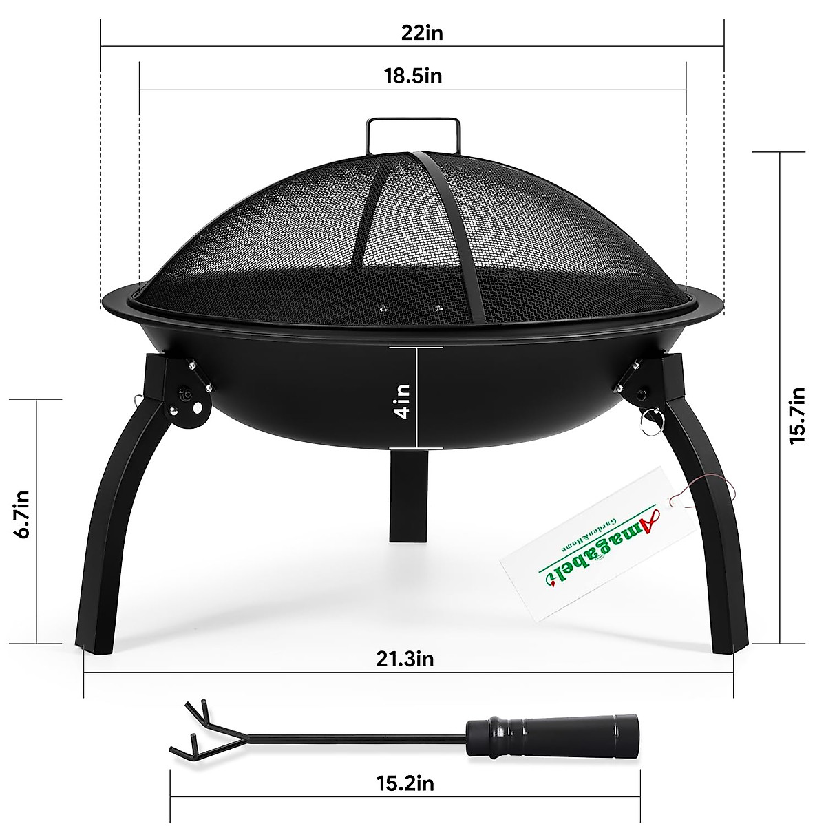 AMAGABELI GARDEN & HOME Fire Pit Outdoor Wood Burning Portable Folding 22in Firepit Firebowl Fireplace Poker Spark Screen Retardant Mesh Lid Deep Round Outside Backyard Camping Metal Grate ET286