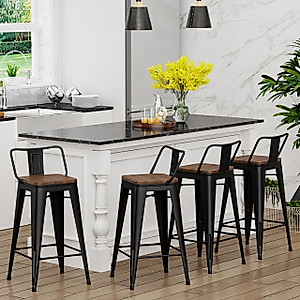 Yongchuang 30 inch Bar Stools Set of 4 Bar Height Metal Barstools with Wood Seat Low Back Kitchen Bar Chairs Matte Black