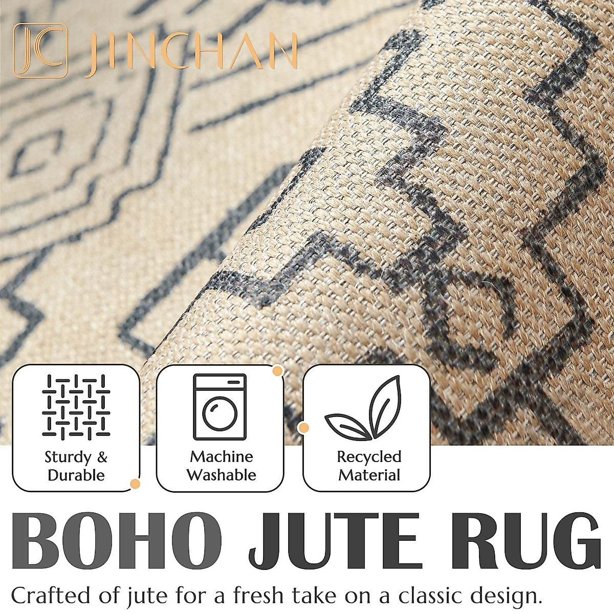 jinchan Area Rug 4x6 Entryway Recycled Boho Chic Jute Rug Indoor Outdoor Floor Cover Print Geometric Black Accent Carpet for Living Room Bedroom Dining Room Patio Garden