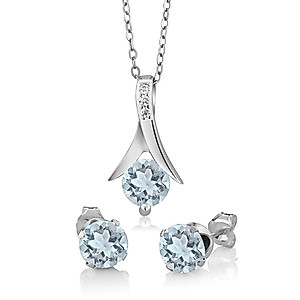 Gem Stone King 925 Sterling Silver Aquamarine Pendant and Earrings Jewelry Set For Women (2.25 Cttw, Round Gemstone Birthstone, with 18 Inch Silver Chain)
