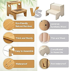 Wooden 2-Step Stool, Bamboo Step Stool with Handles, DIY Non-Slip Surface, Portable Stepping Stool for Kitchen, Toilet, Bathroom Sink, Bedroom, Natural