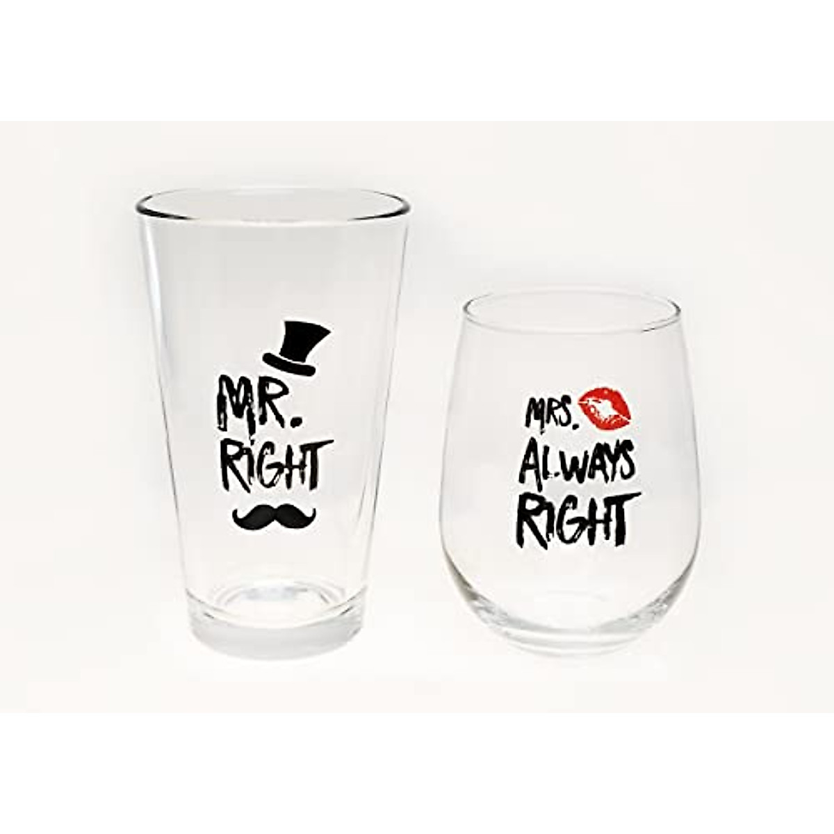 Funny Mr. Right and Mrs. Always Right Novelty Wine Glass and Beer Glass | Includes Fun, Stylish Gift Box | For Weddings, Engagement, Newlywed, Bachelorette, Anniversary, Couples Gifts
