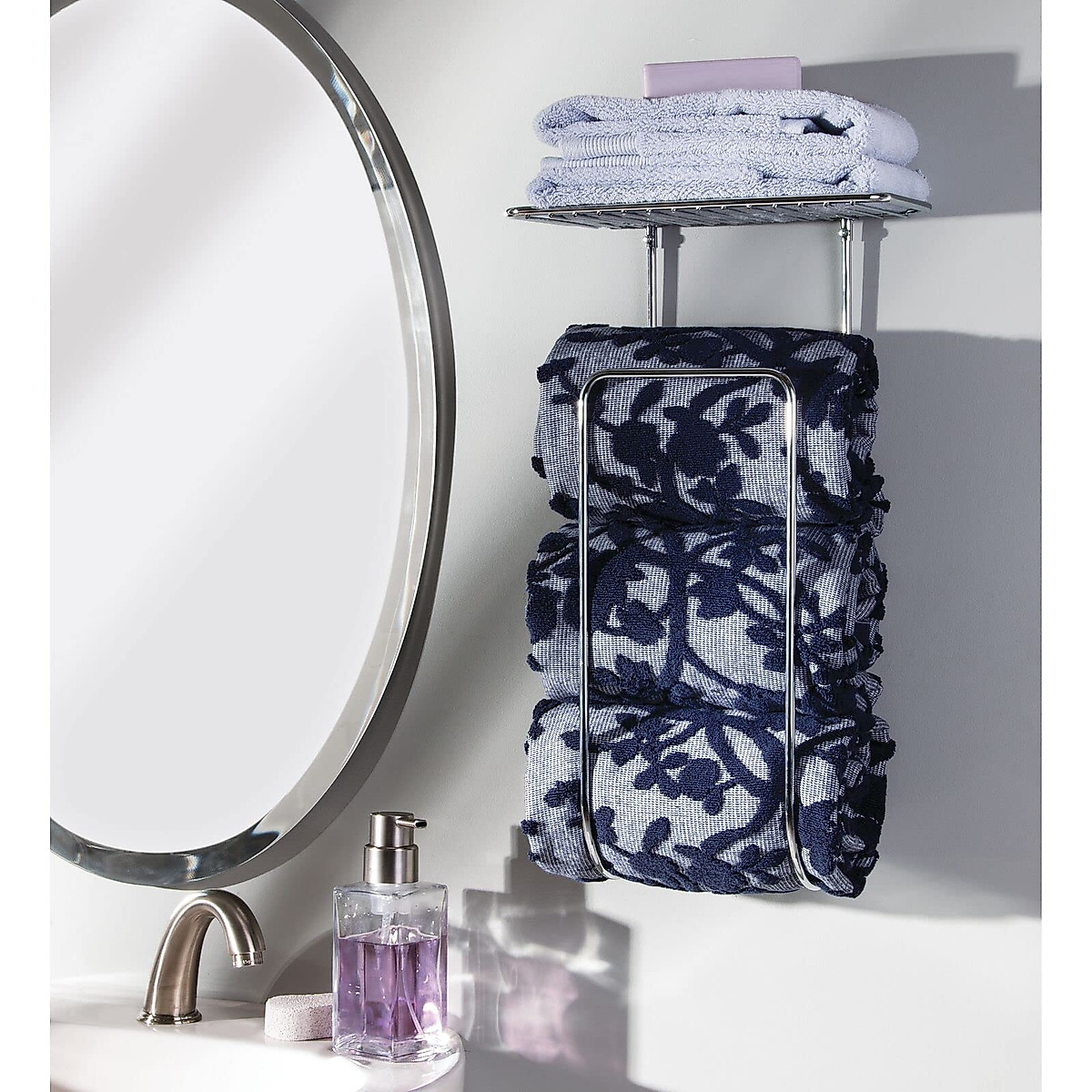 mDesign Steel Wall Mount Towel Rack Holder Organizer with Basket Shelf Storage for Bathroom, Kitchen, Laundry Room - Holds Towels, Washcloths, Hand Towels - Concerto Collection - Chrome