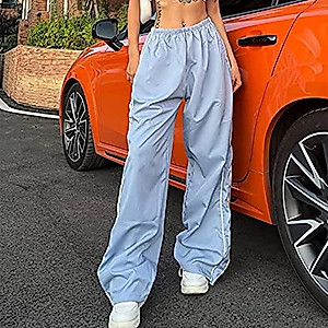 Xeyine Women's Y2K Baggy Wide Leg Parachute Pants Street Sports Style Cargo Workwear (Blue-L)