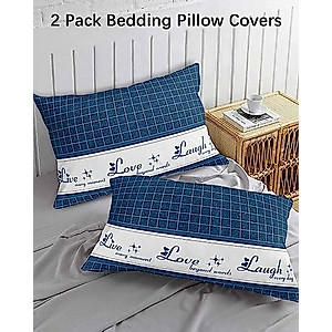 Edwiinsa Navy Blue Plaid Pillow Covers Standard Size Set of 2 20x26 Bed Pillow, Farmhouse White Live Love Laugh Plush Soft Comfort for Hair/Skin Cooling Pillowcases with Envelop Closure