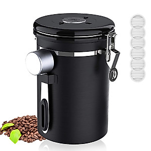 Airtight Coffee Canister, Large Stainless Steel Coffee Bean Storage Container for Kitchen with Date Tracker, Measuring Scoop, One Way Co2 Valve (Extra 6pcs) for Beans, Grounds Tea, Sugar (16OZ, Black)
