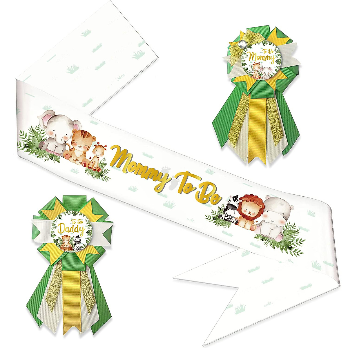 Mpanwen Safari Jungle Baby Shower Sash, Mom to Be & Daddy to Be Corsage Jungle Animal Neutral Mom to be Sash Include Gold Glitter Letters Sash for Baby Shower