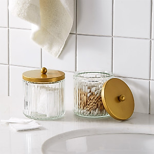 KMwares Glass Qtip Holder Dispenser Set for Cotton Ball, Swab, Round Pads, Floss Picks - Bathroom Canister Storage Organization and Vanity Makeup Organizer (2, Golden)