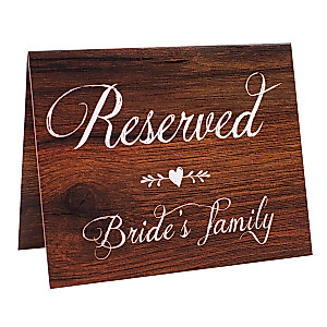 Reserved Wedding Table Signs | Set of 6 Rustic Wood Look Reserved Signs Including Reserved for Bride's Family Groom's Family and Wedding Party | Freestanding Double Sided