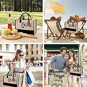 Yougeigy Initial Canvas Beach Bag, Canvas Tote Bag with Zipper Pocket, Embroidery Monogrammed Personalized Gift Bag for Mother Teacher, Bridesmaid Gifts for Women Friends(Letter M)