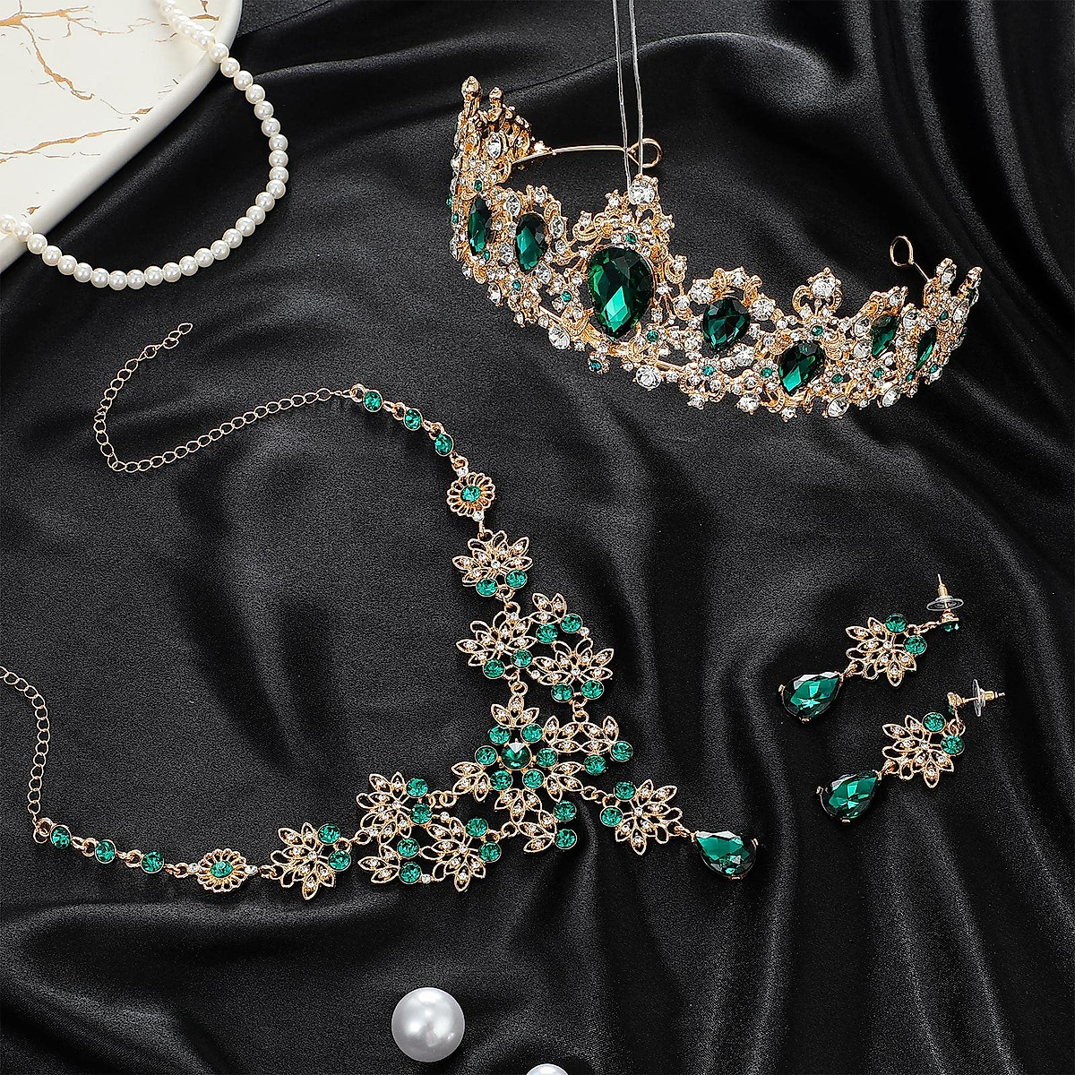 Sureio Baroque Bridal Jewelry Set 3 Pieces Tiara Earrings Necklace Bridal Jewelry Set Wedding Rhinestone Crystal Tiara Crown Headband Princess Baroque Crown for Bride Women(Blue)