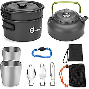 Odoland Bundle – 2 Items 10pcs Camping Cookware Mess Kit and 8 Pcs Camping Cookware Utensils Travel Set for Backpacking, Outdoor Camping