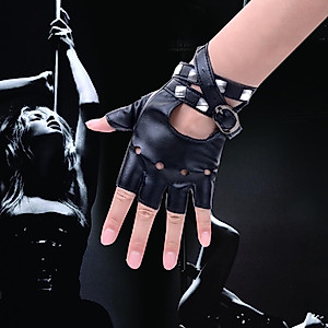 JISEN Women Punk Belt Up Half Finger PU Leather Performance Gloves Black