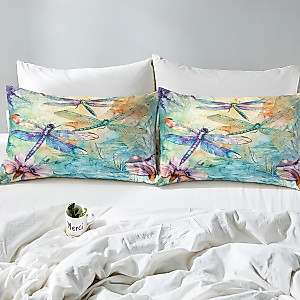 Feelyou Girls Dragonfly Bedding Set Floral Dragonfly Duvet Cover for Kids Boys Girls Ornamental Dragonfly Comforter Cover Botanical Bed Set 1 Duvet Cover with 2 Pillowcases Queen Size (No Comforter)